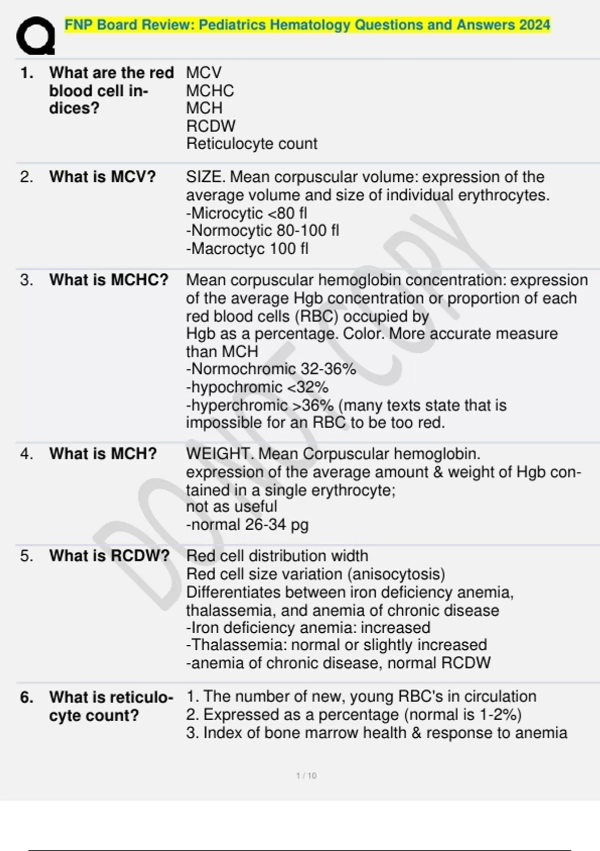 FNP Board Review- Pediatrics Hematology Questions and Answers 2024 ...