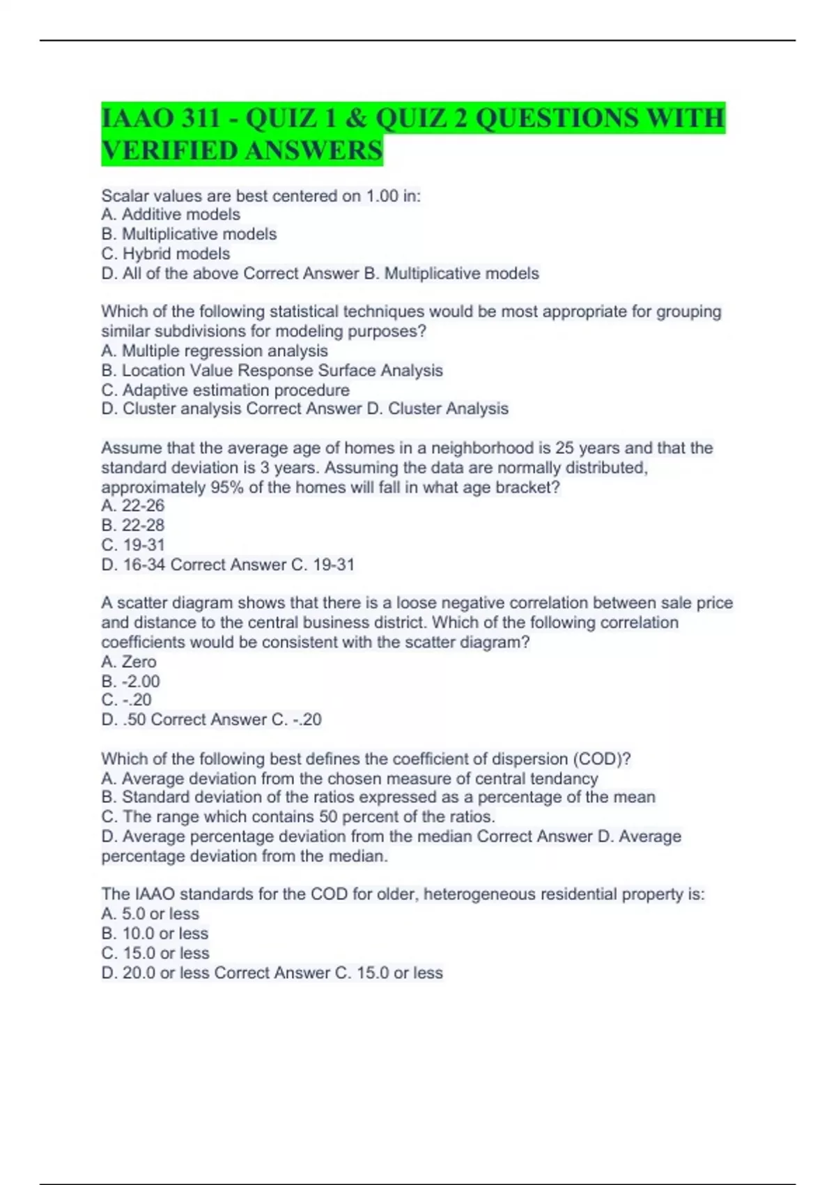 IAAO 311 - QUIZ 1 & QUIZ 2 QUESTIONS WITH VERIFIED ANSWERS - Iaao 101 ...