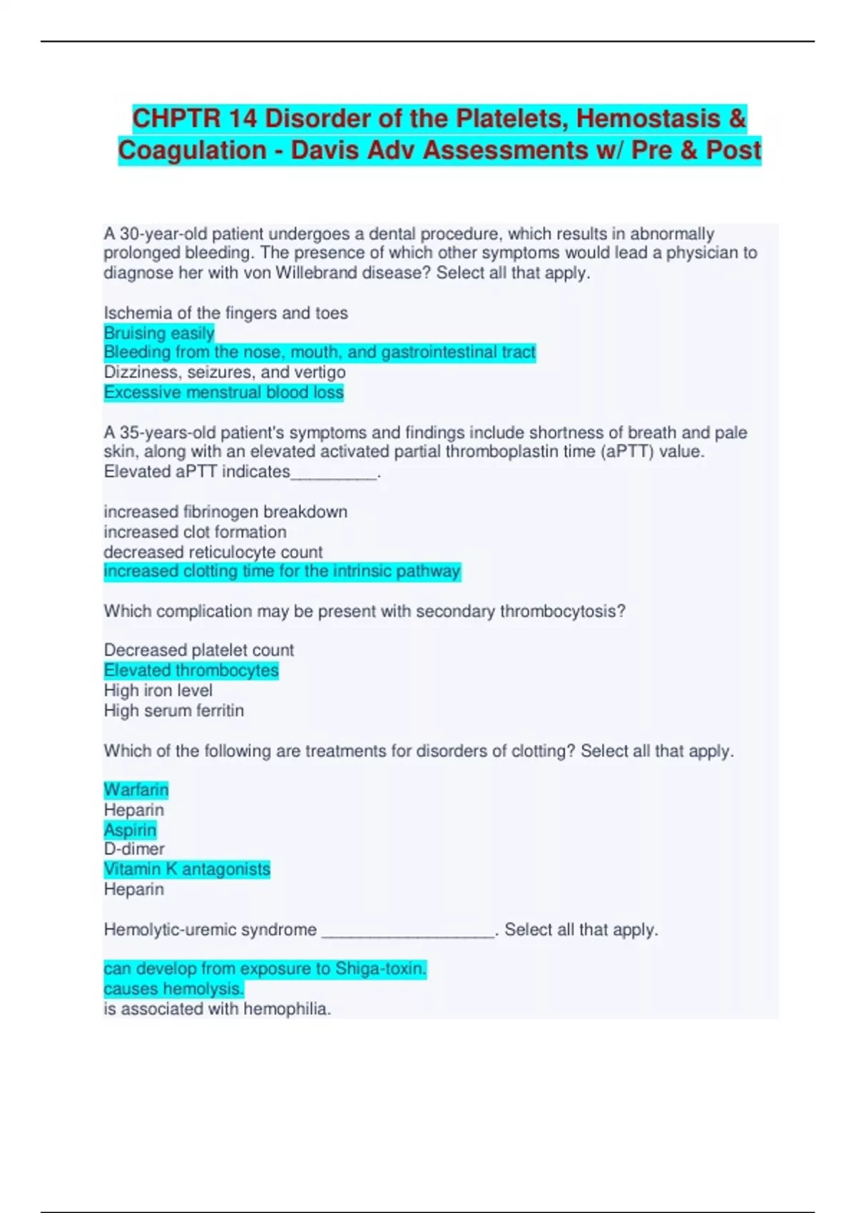 PATHOPHYSIOLOGY CHPTR 14 Disorder of the Platelets, Hemostasis & Coagulation - Davis Adv ...