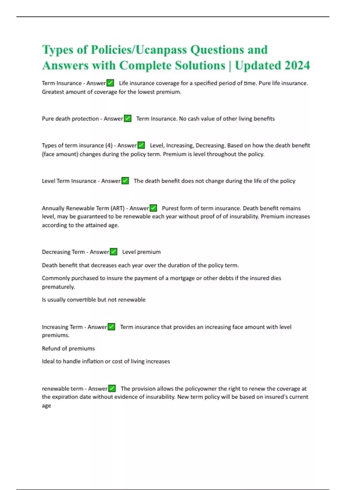 Types of Policies/Ucanpass Questions and Answers with Complete ...