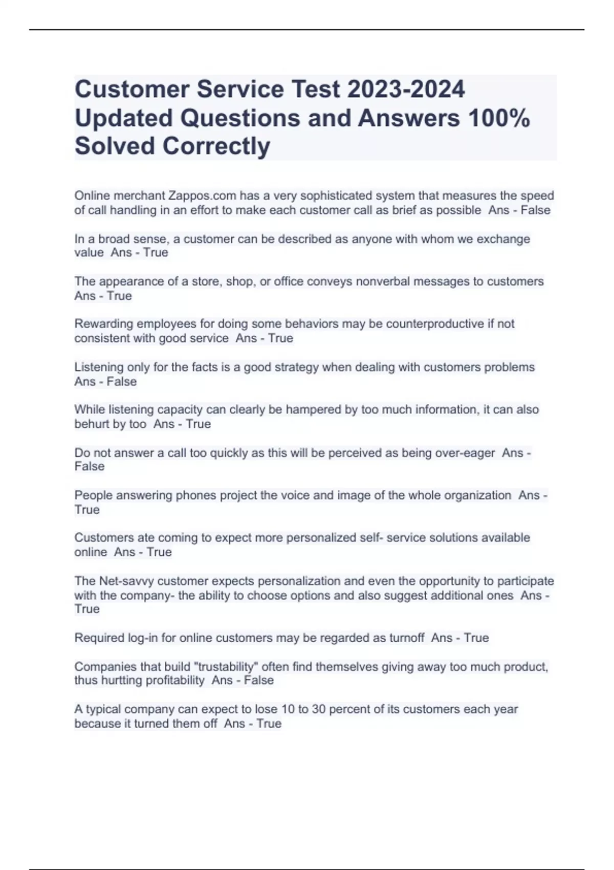 Customer Service Test Updated Questions And Answers 100 Solved