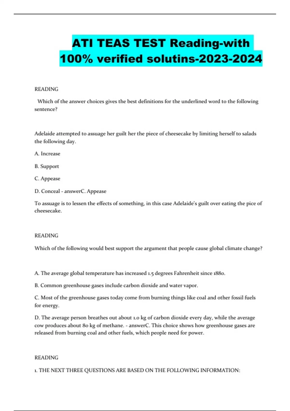 ATI TEAS TEST Reading-with 100% verified solutins- - ATI TEAS - Stuvia US