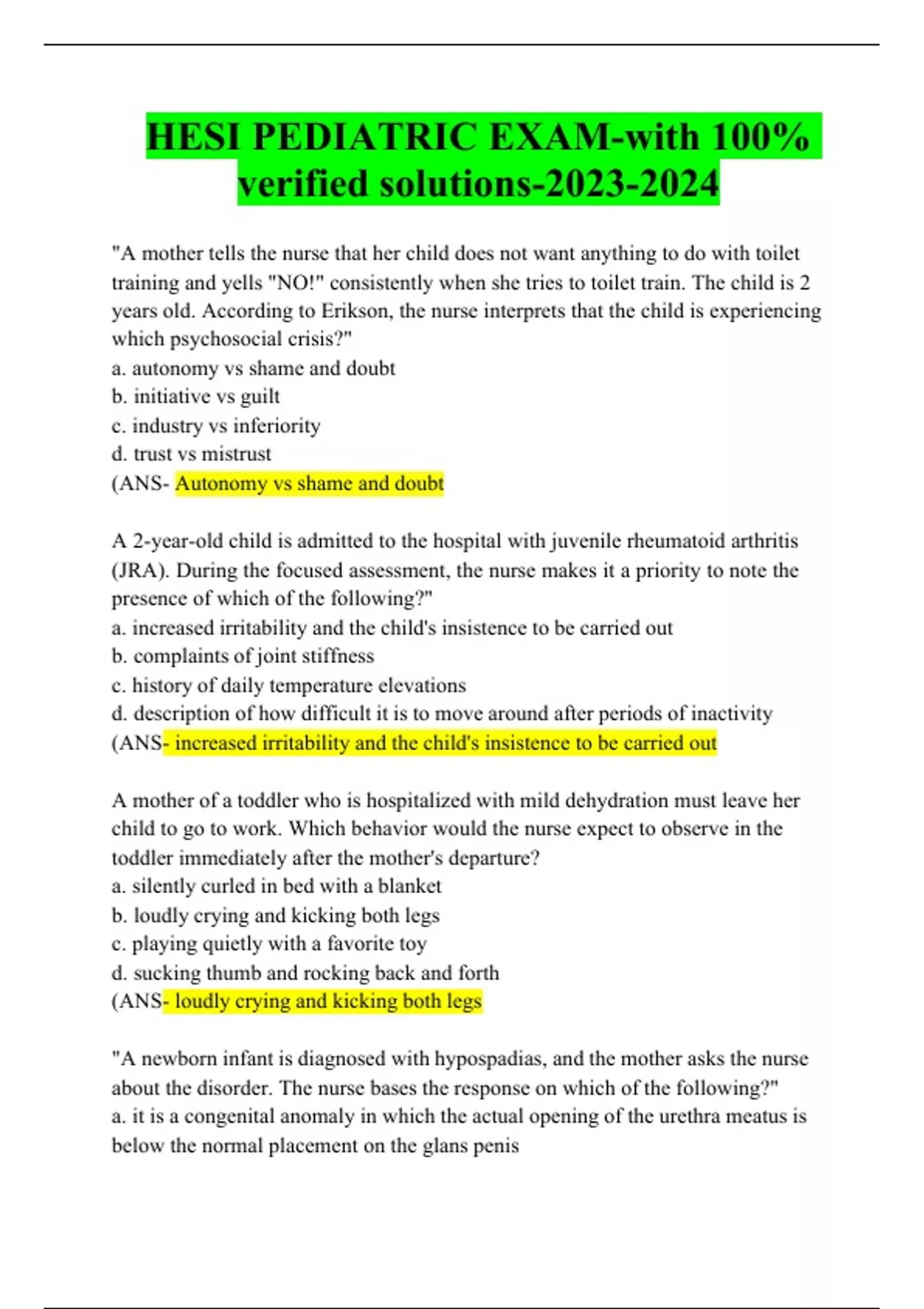 HESI PEDIATRIC EXAM-with 100% verified solutions- - HESI PEDIATRIC ...