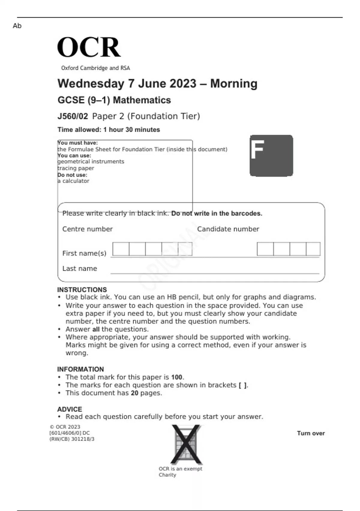 OCR GCSE (9–1) Mathematics Paper 1, 2 AND 3 Foundation Tier QUESTION ...