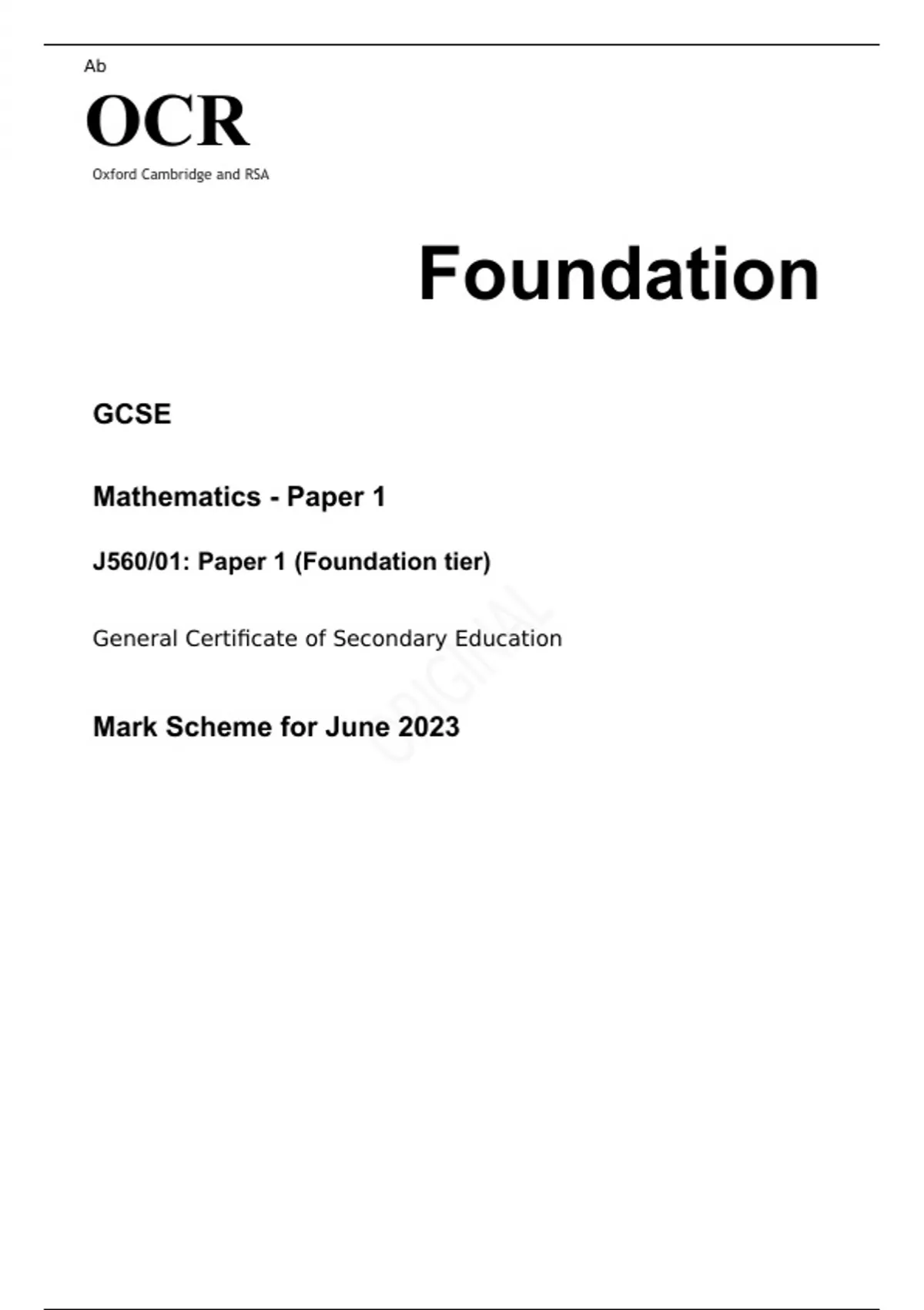 OCR GCSE (9–1) Mathematics Paper 1, 2 AND 3 Foundation Tier QUESTION ...