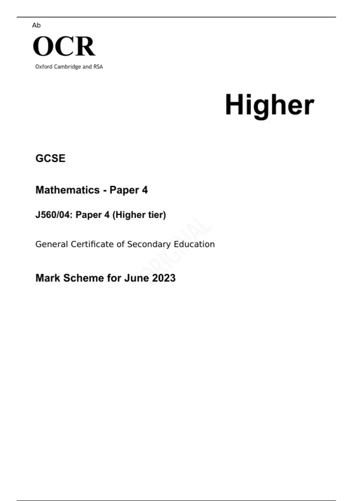 OCR GCSE (9–1) Mathematics J560/04 Paper 4 Higher Tier MARK SCHEME 2023 ...