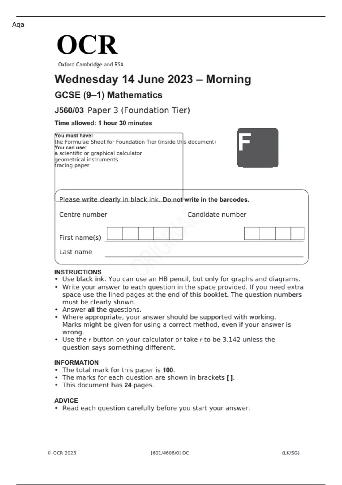 OCR GCSE (9–1) Mathematics J560/03 Paper 3 Foundation Tier JUNE 2023 ...