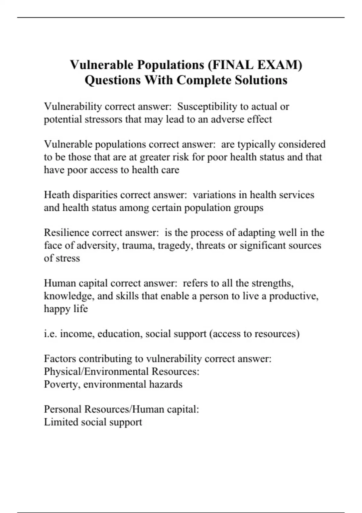 Vulnerable Populations (FINAL EXAM) Questions With Complete Solutions ...