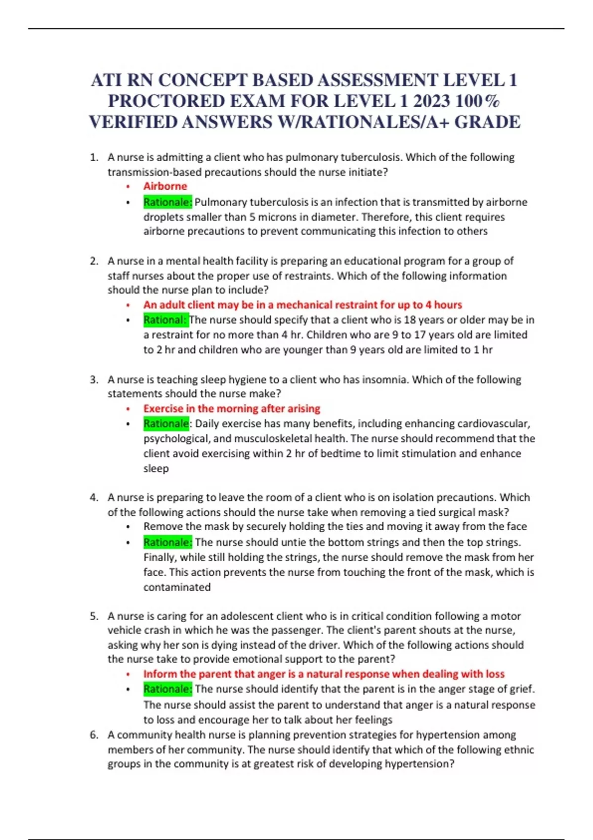 ATI RN CONCEPT BASED ASSESSMENT LEVEL 1 PROCTORED EXAM FOR LEVEL ...