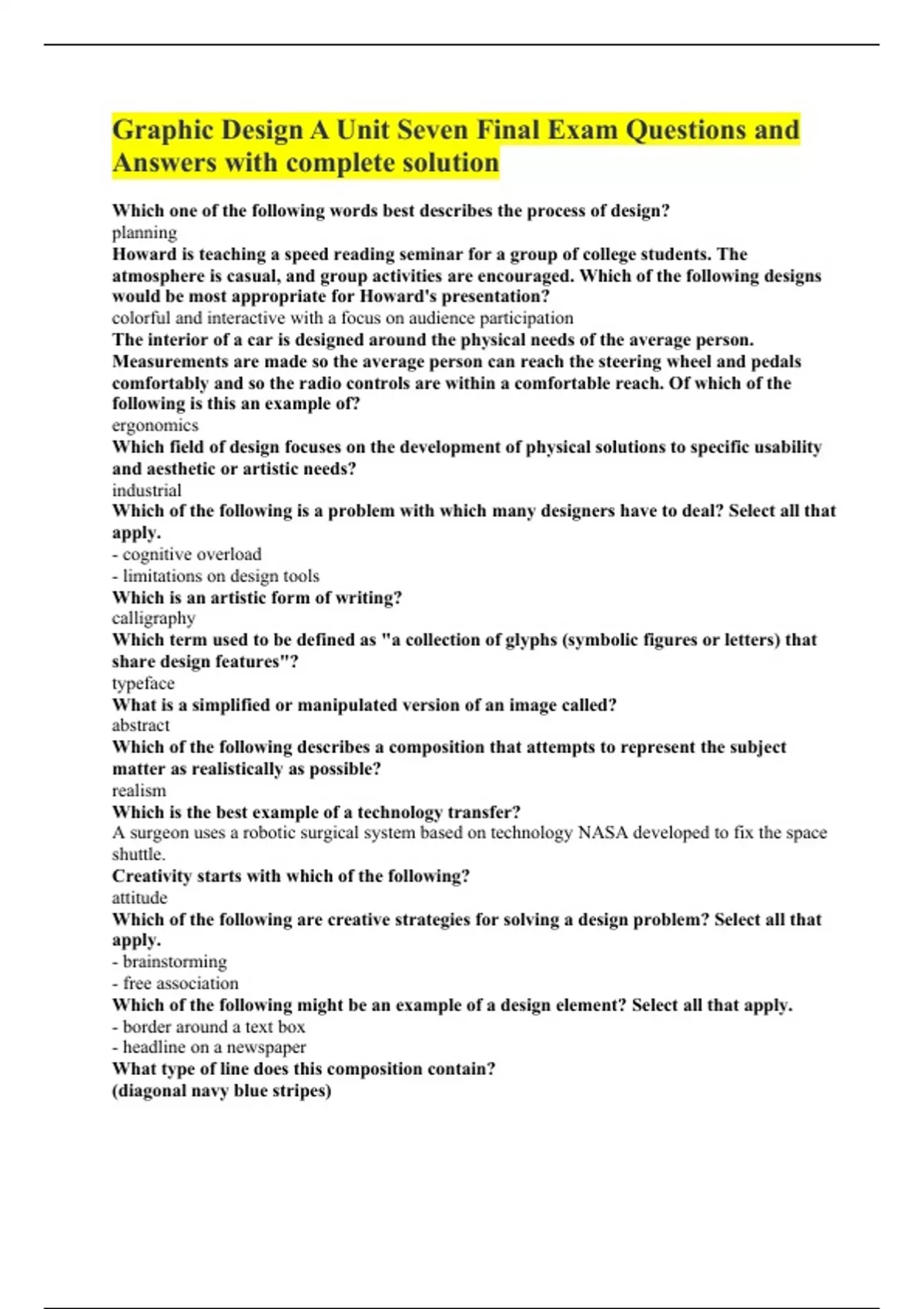 Graphic Design A Unit Seven Final Exam Questions and Answers with ...