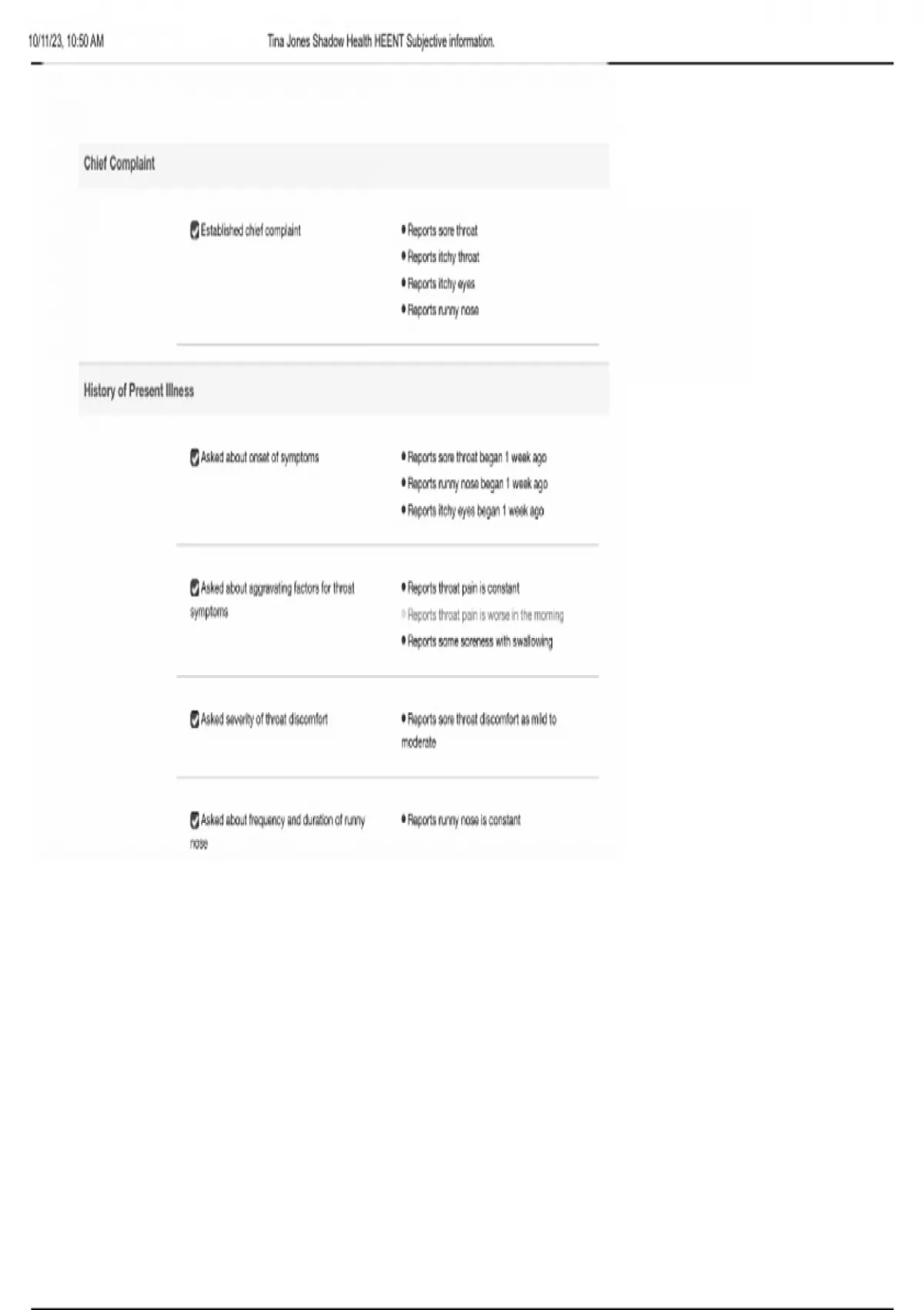 Tina Jones Shadow Health HEENT Subjective information. - Advanced ...