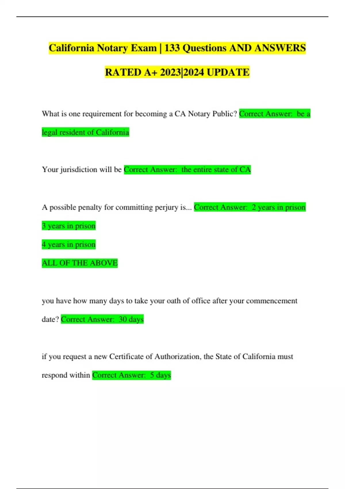 California Notary Exam | 133 Questions AND ANSWERS RATED A+ 2023|2024 ...