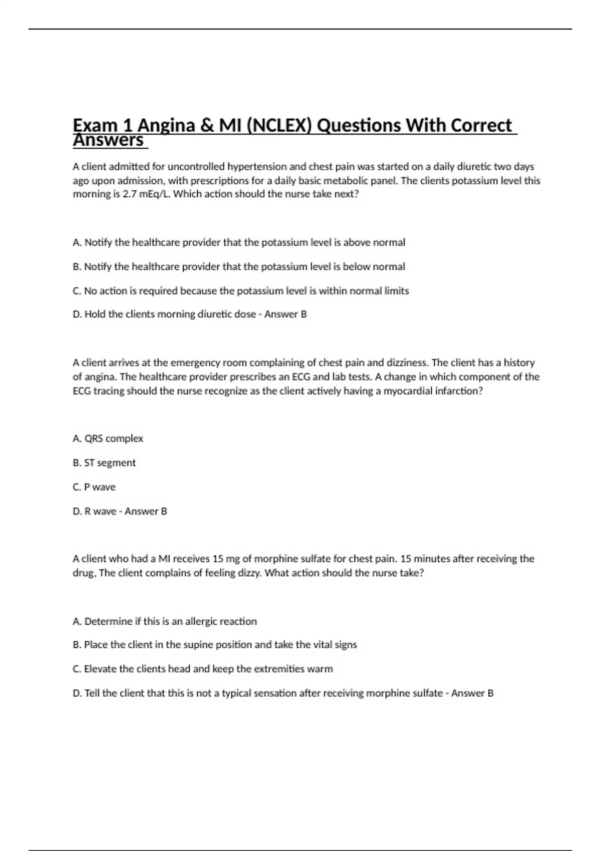 Angina & MI NCLEX Exam Package Deal - Stuvia US