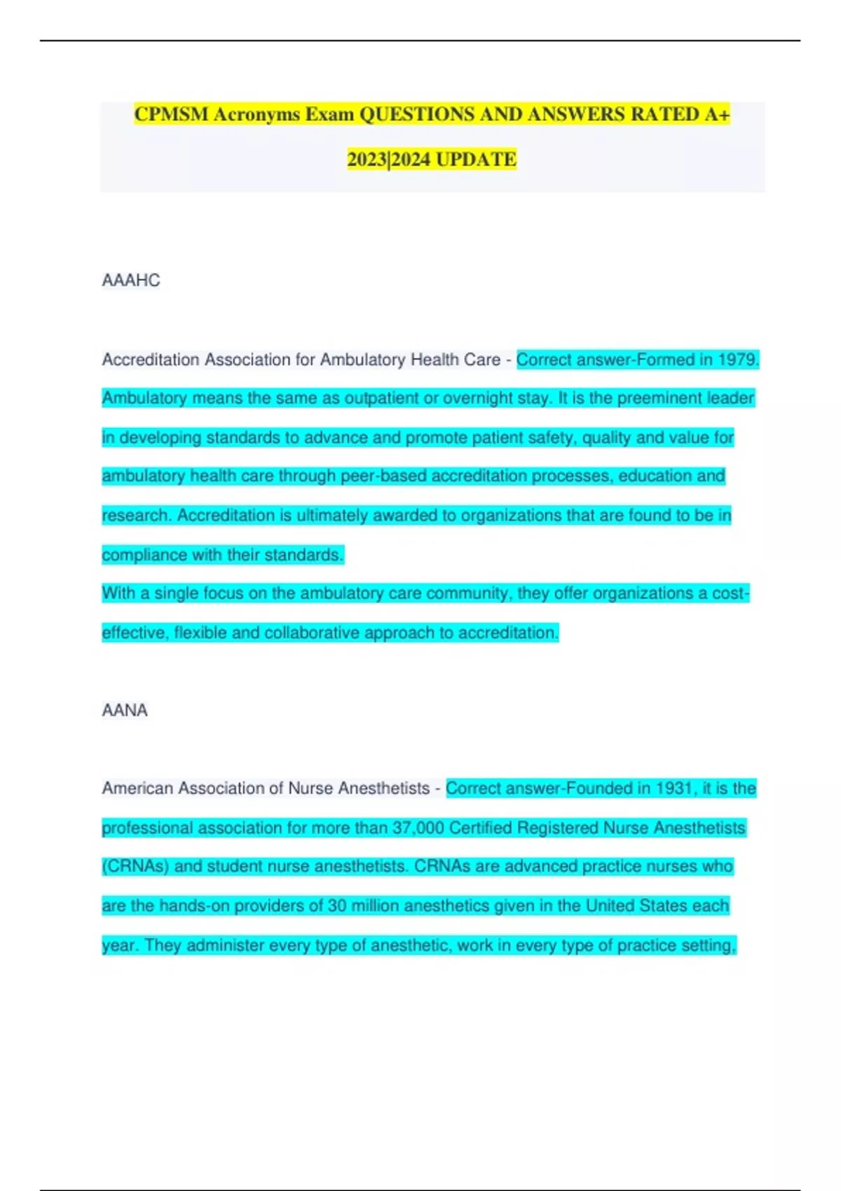 CPMSM Acronyms Exam QUESTIONS AND ANSWERS RATED A+ 2023|2024 UPDATE ...