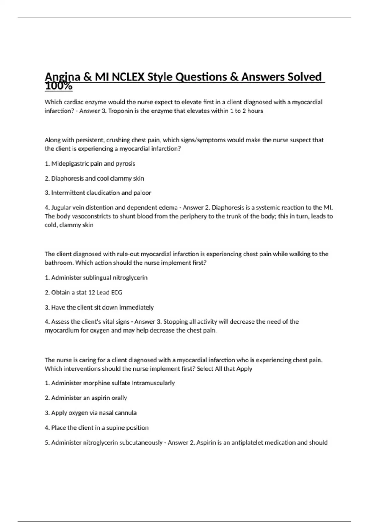 Angina & MI NCLEX Style Questions & Answers Solved 100% - Angina & MI ...