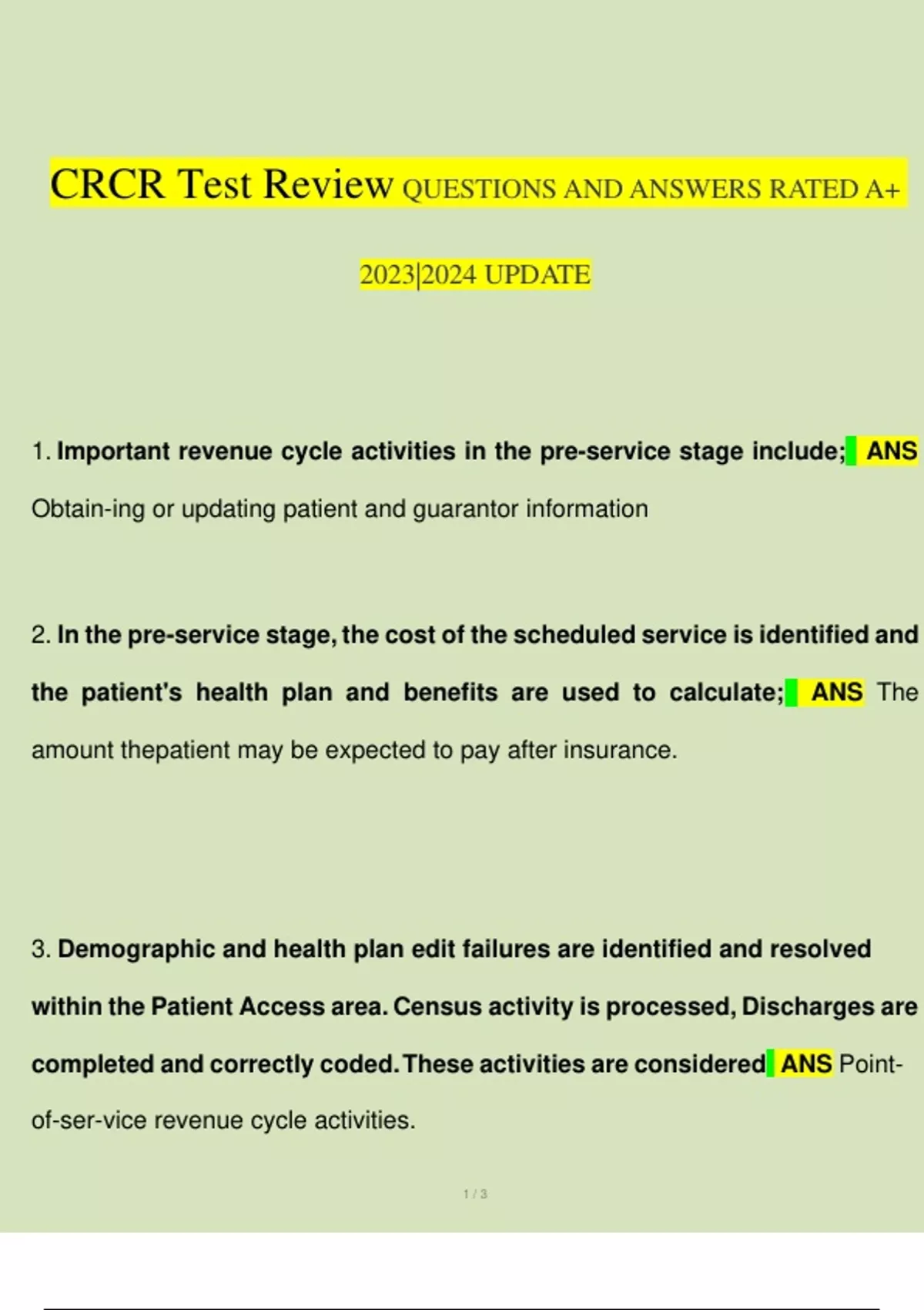 CRCR Test Review QUESTIONS AND ANSWERS RATED A+ 2023|2024 UPDATE - CRCR ...