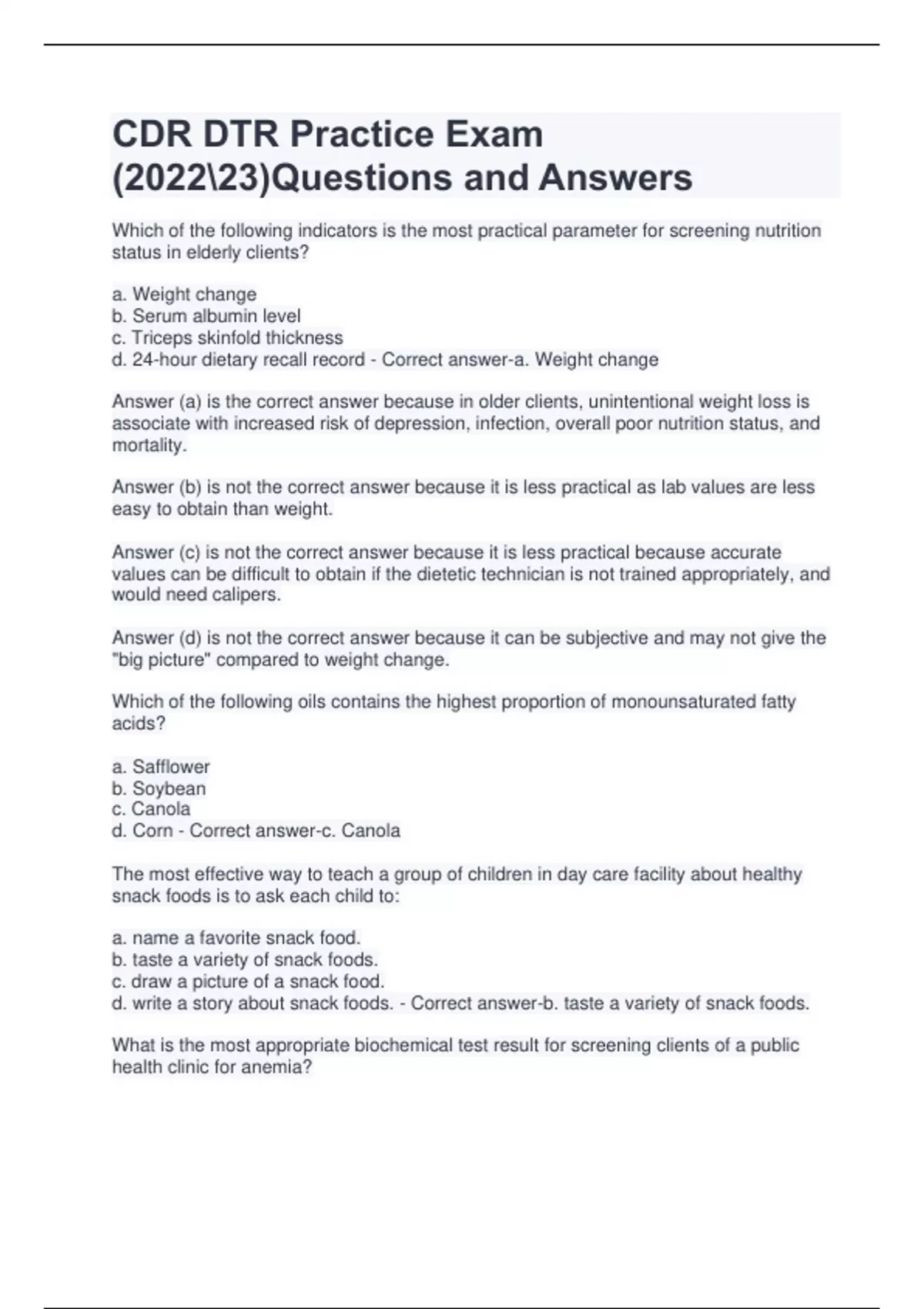 CDR DTR Practice Exam (202223)Questions and Answers - CDR DTR - Stuvia US