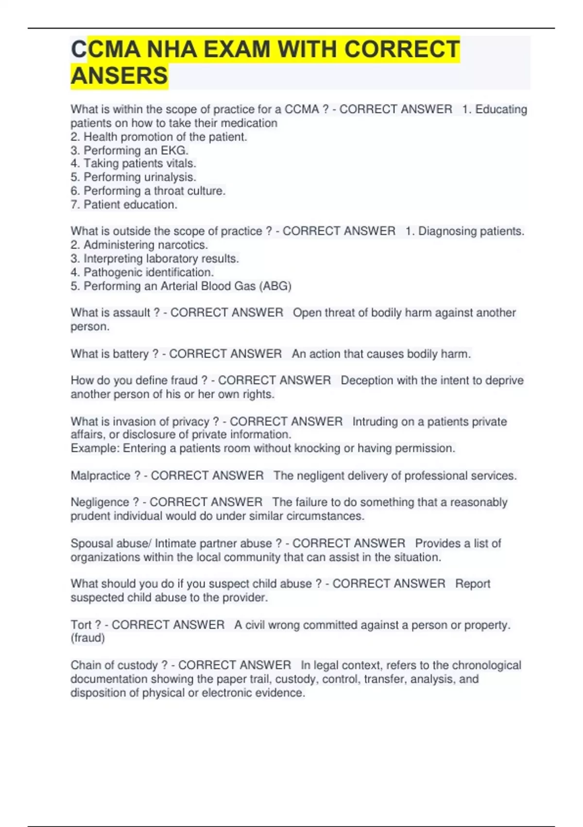 CCMA NHA ACTUAL EXAM | QUESTIONS & ANSWERS (VERIFIED) | LATEST UPDATE ...