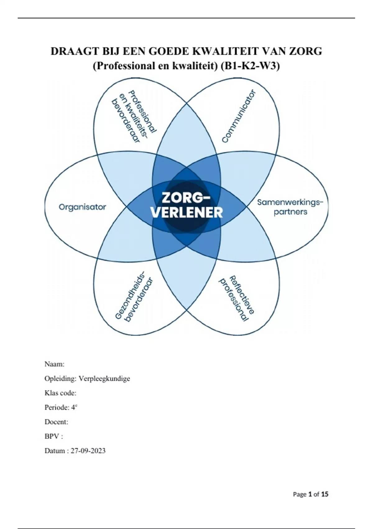 Draagt bij aan goede kwaliteit van zorg (Professional en kwaliteitsbevorderaar) (B1-K2-W3 ...