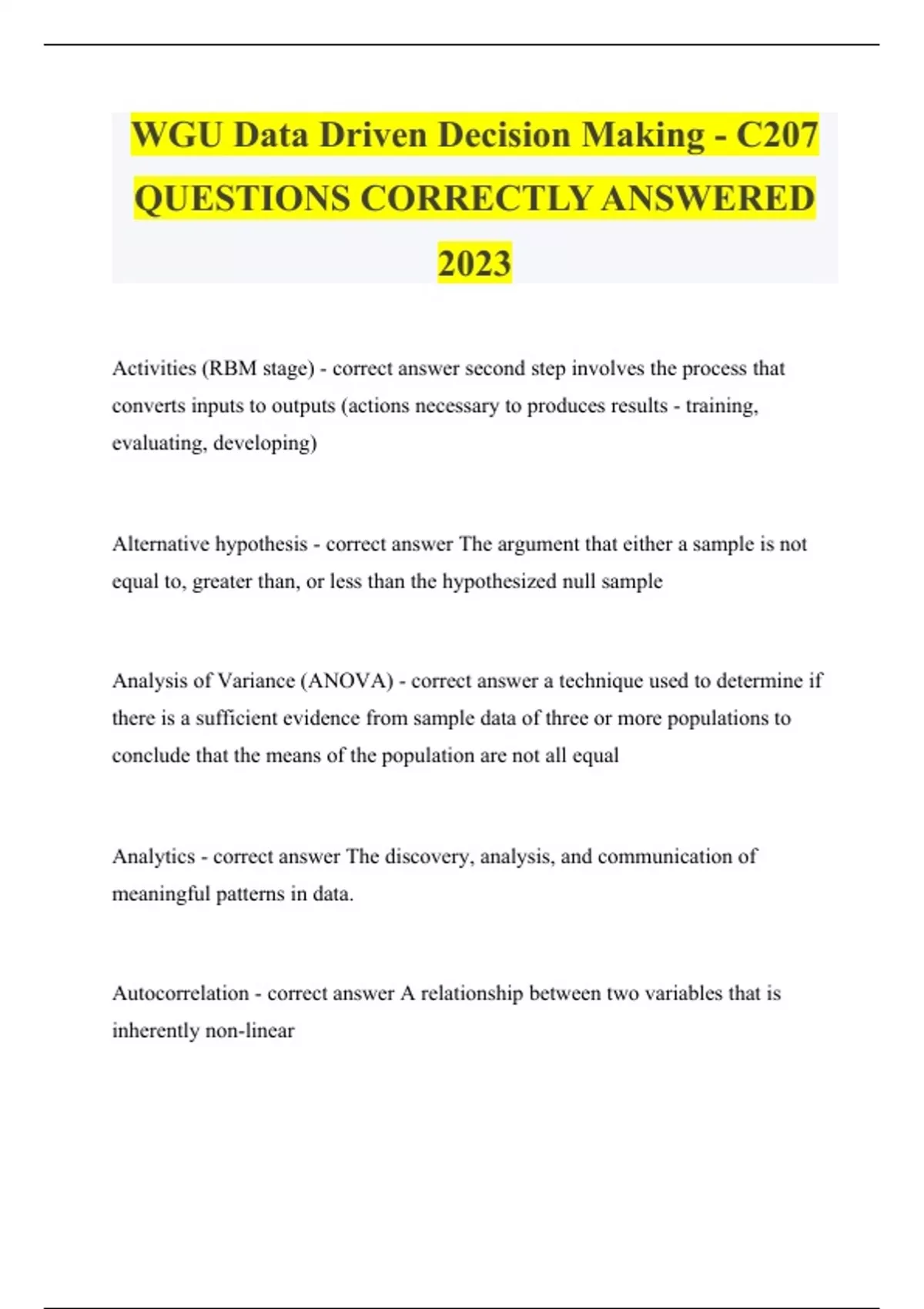 WGU Data Driven Decision Making - C207 QUESTIONS CORRECTLY ANSWERED ...