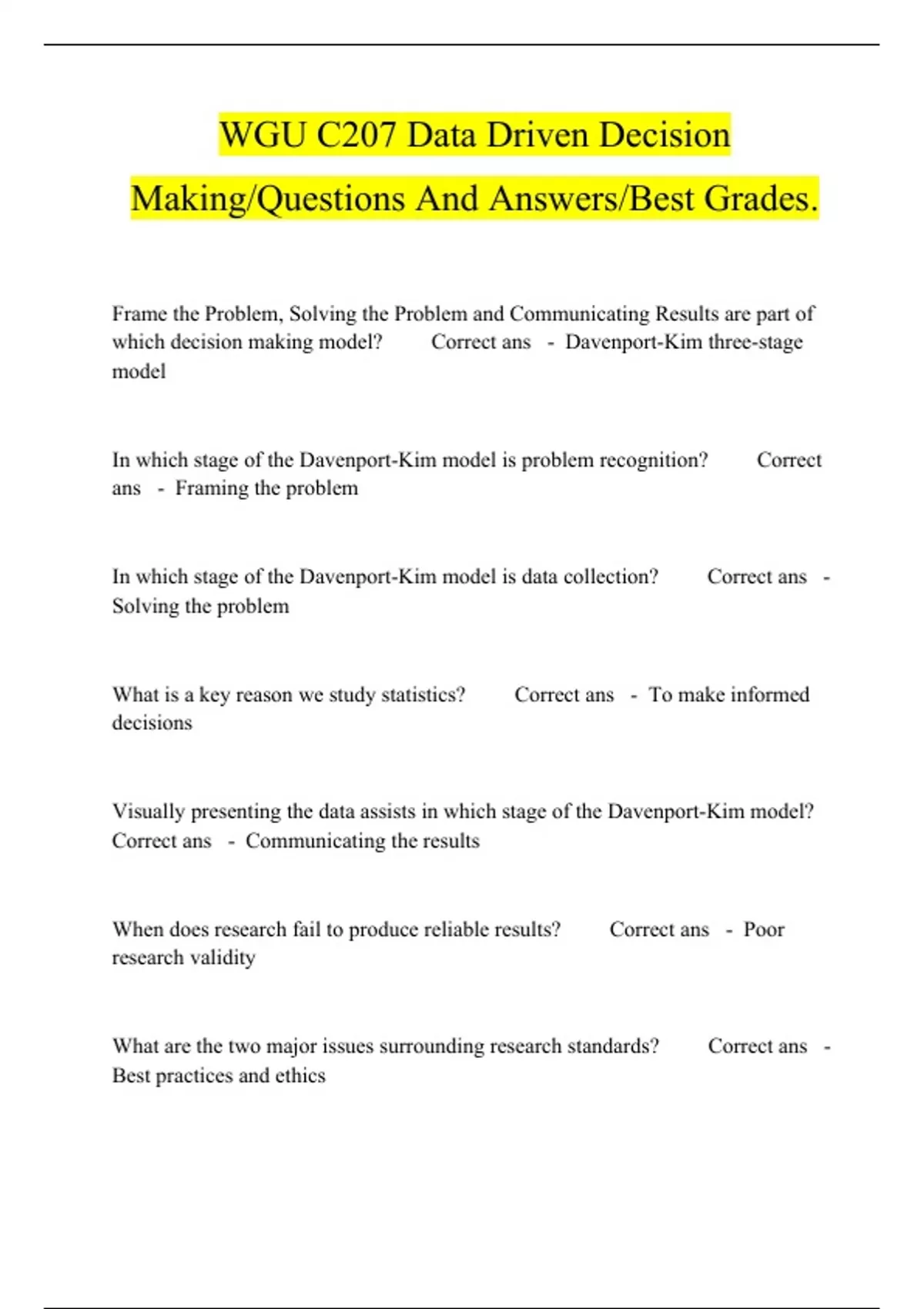 WGU C207 Data Driven Decision Making/Questions And Answers/Best Grades ...
