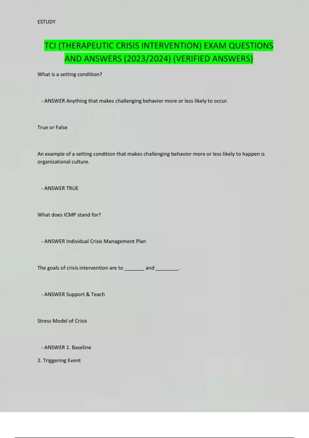 TCI (THERAPEUTIC CRISIS INTERVENTION) EXAM QUESTIONS AND ANSWERS (2023/ ...