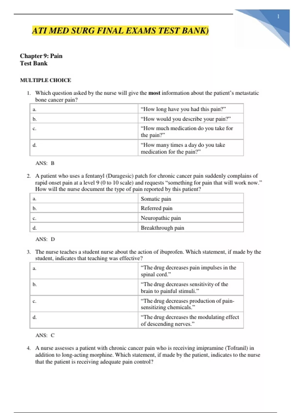 Western Governors University WGU C215 Med Surg test final exam/ATI MED ...
