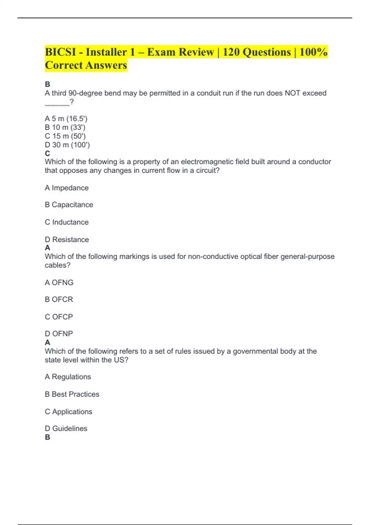 BICSI - Installer 1 – Exam Review | 120 Questions | 100% Correct ...