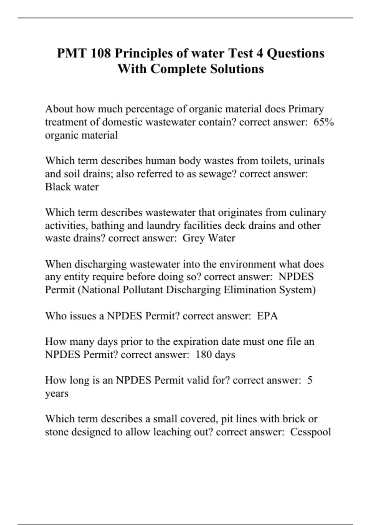 PMT 108 Principles of water Test 4 Questions With Complete Solutions ...