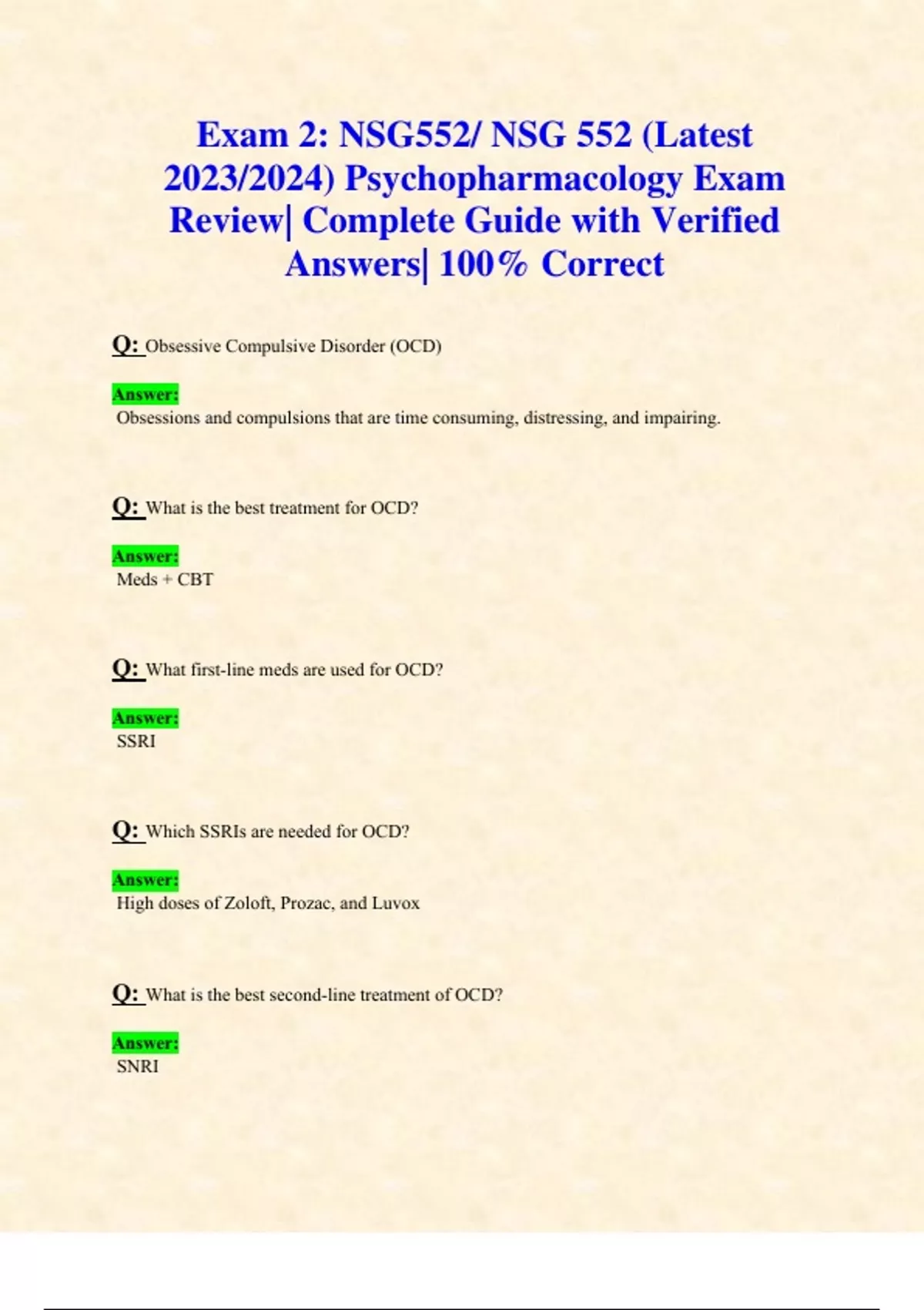 Exam 2: NSG552/ NSG 552 (Latest 2023/2024) Psychopharmacology Exam ...