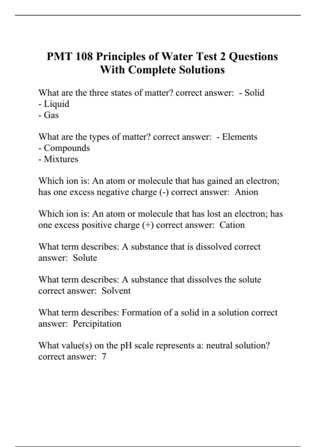 PMT 108 Principles of Water Test 2 Questions With Complete Solutions ...