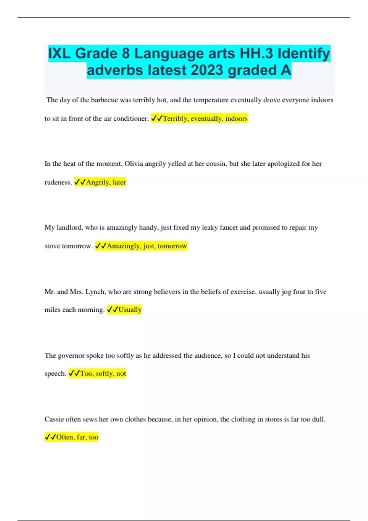 IXL Grade 8 Language arts HH.3 Identify adverbs latest 2023 graded A ...