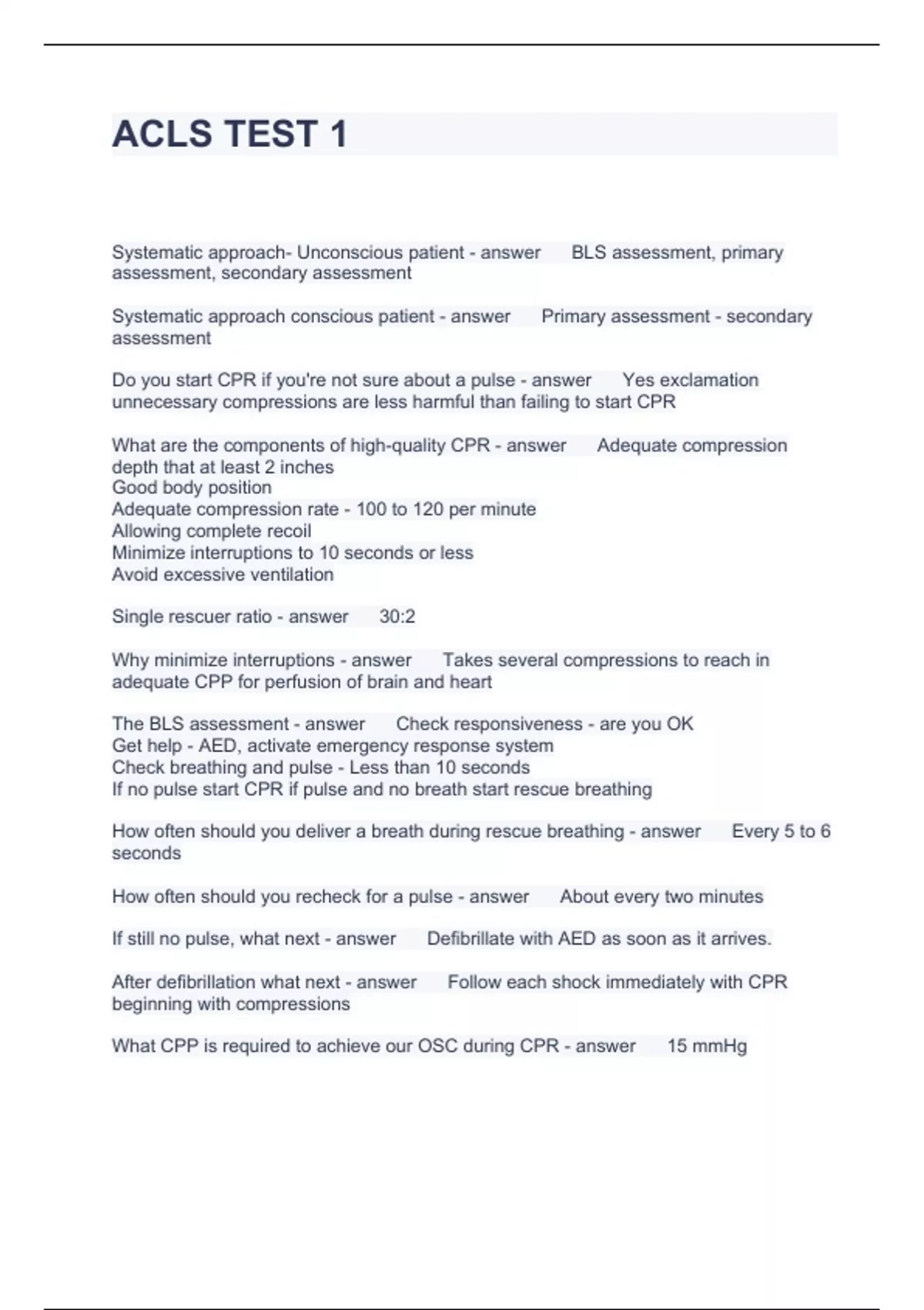 ACLS TEST 1 QUESTIONS WITH CORRECT ANSWERS 2023 - Acls - Stuvia US