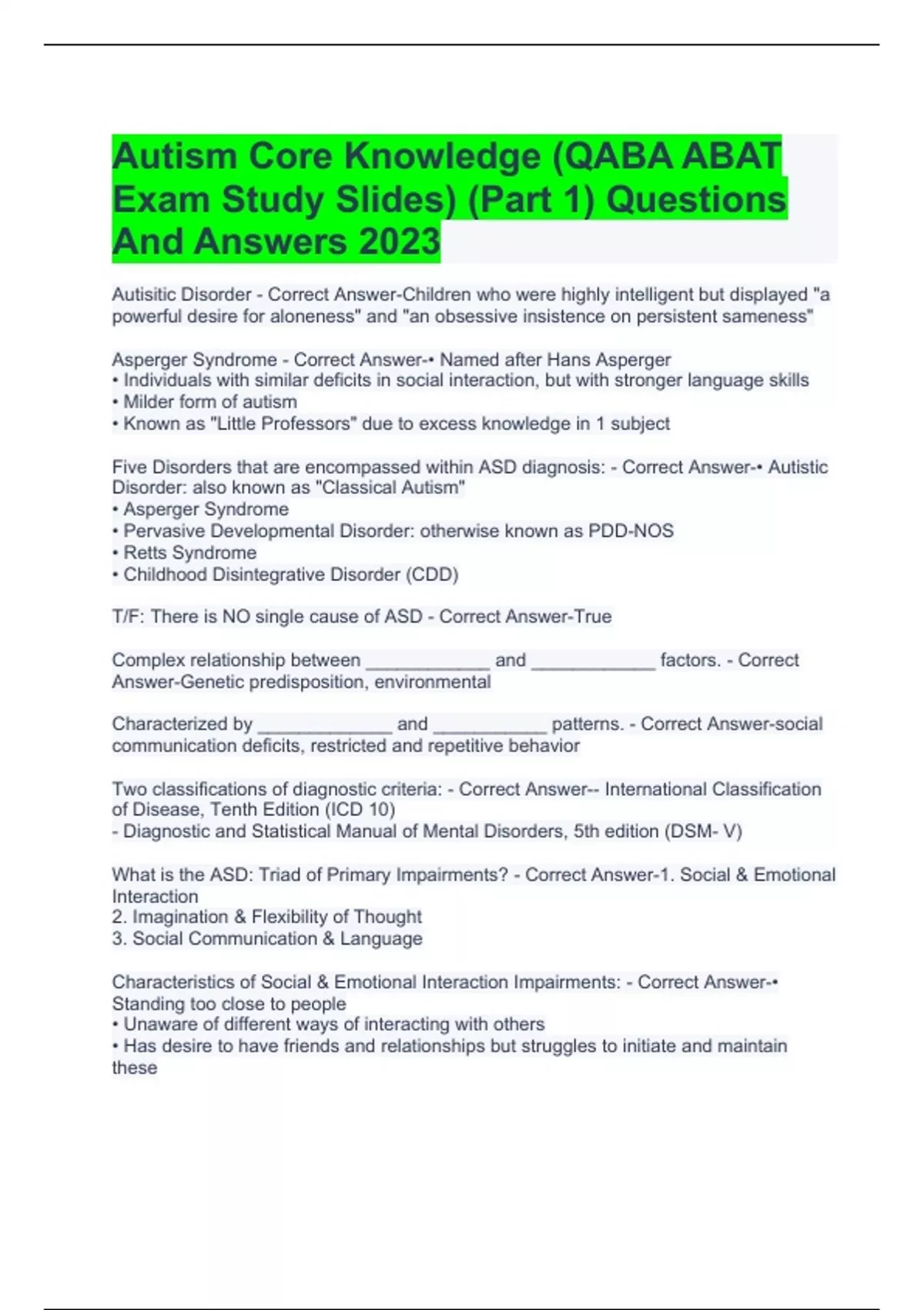 Autism Core Knowledge (QABA ABAT Exam Study Slides) (Part 1) Questions And Answers 2023 - QABA ...