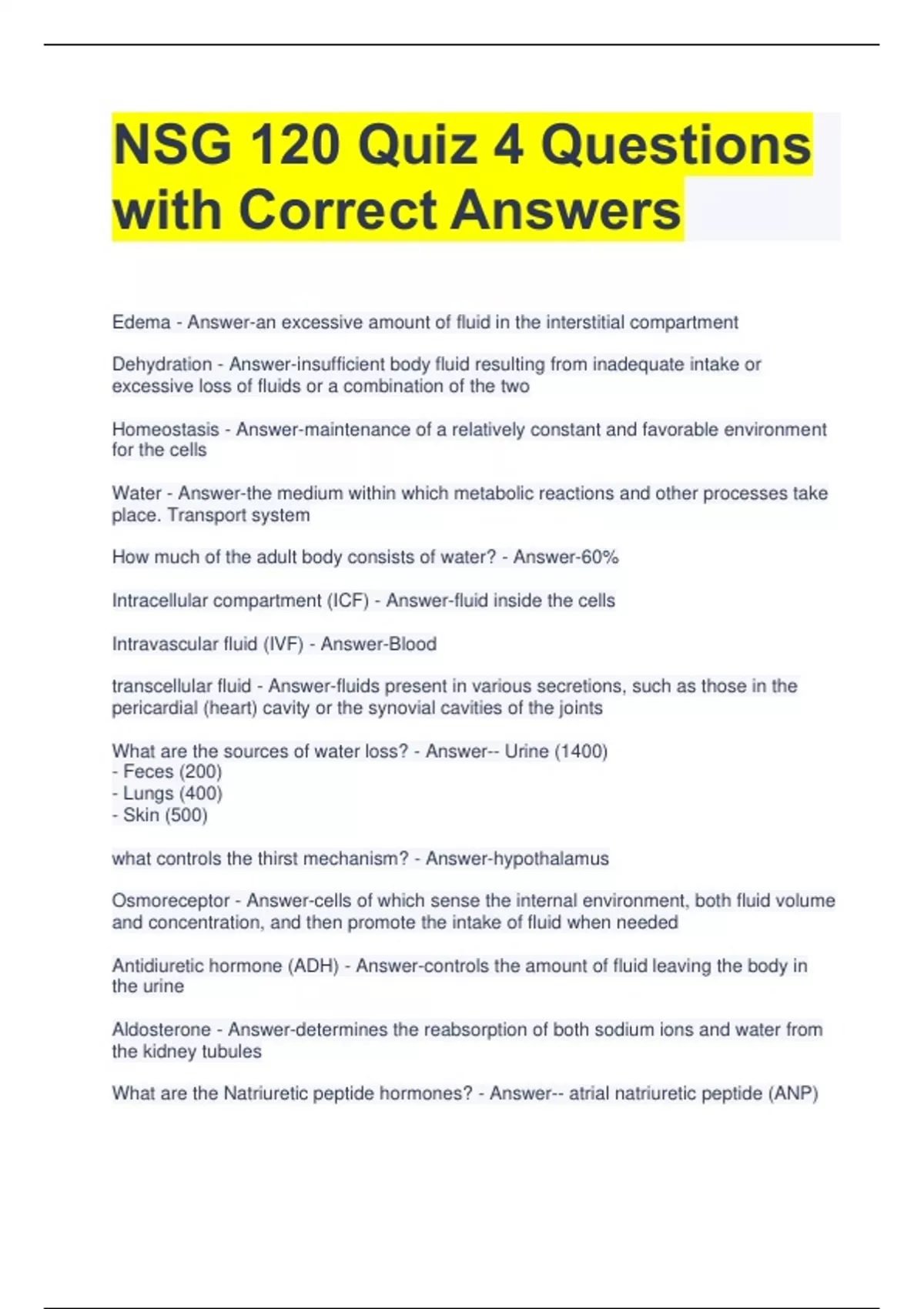 NSG 120 Quiz 4 Questions with Correct Answers - NSG 120 - Stuvia US