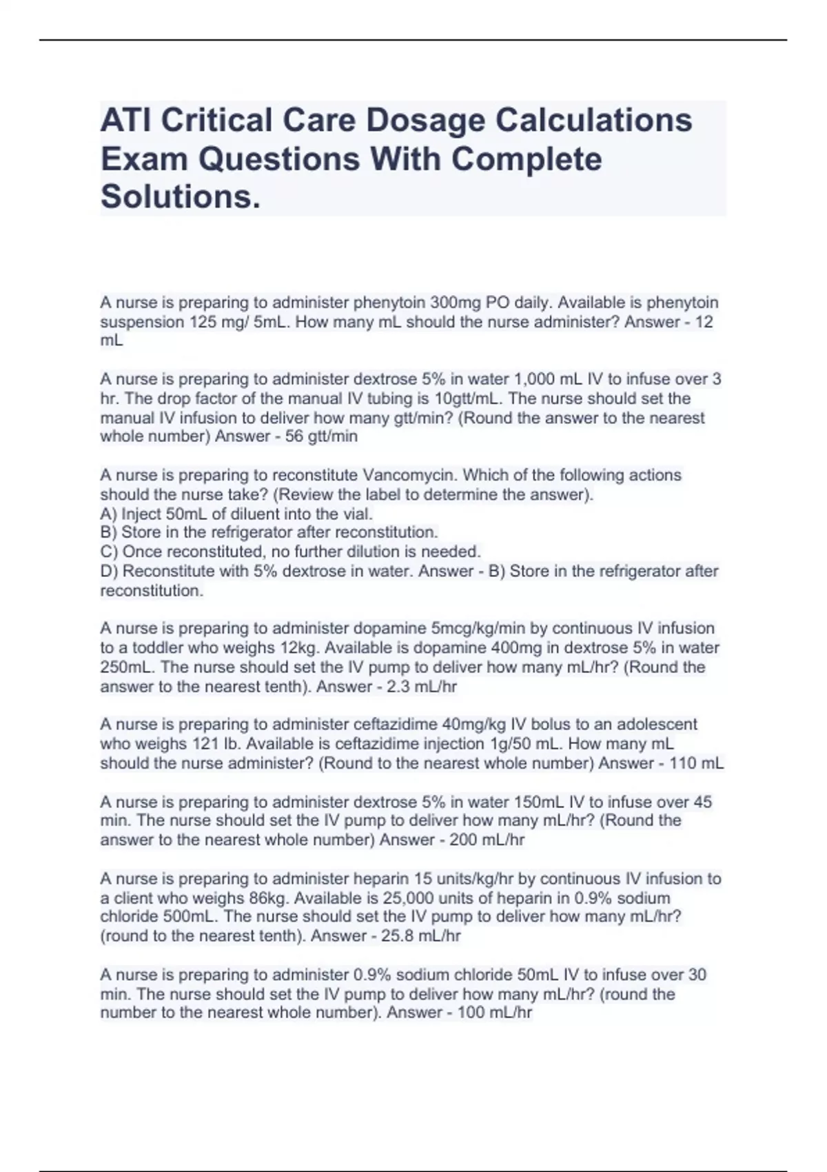 ATI Critical Care Dosage Calculations Exam Questions With Complete ...