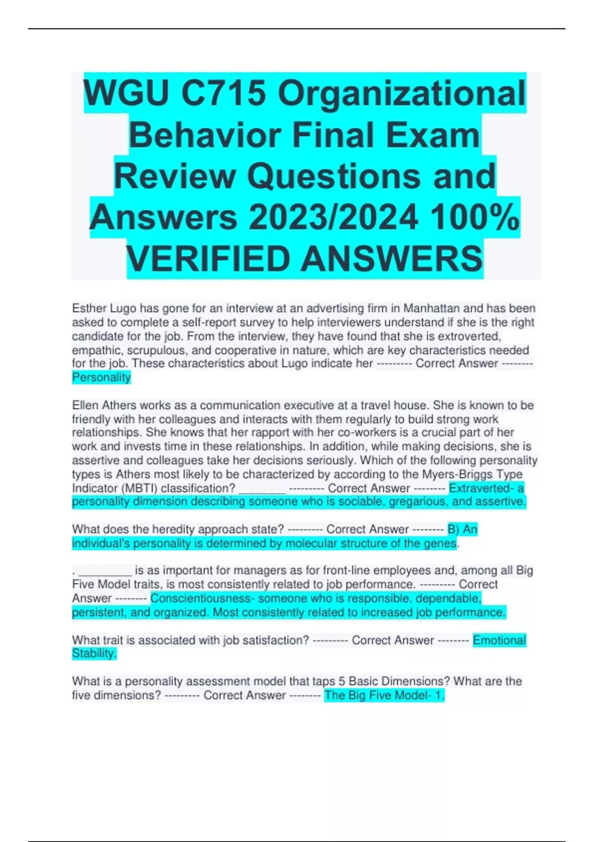 WGU C715 Organizational Behavior Final Exam Review Questions and ...