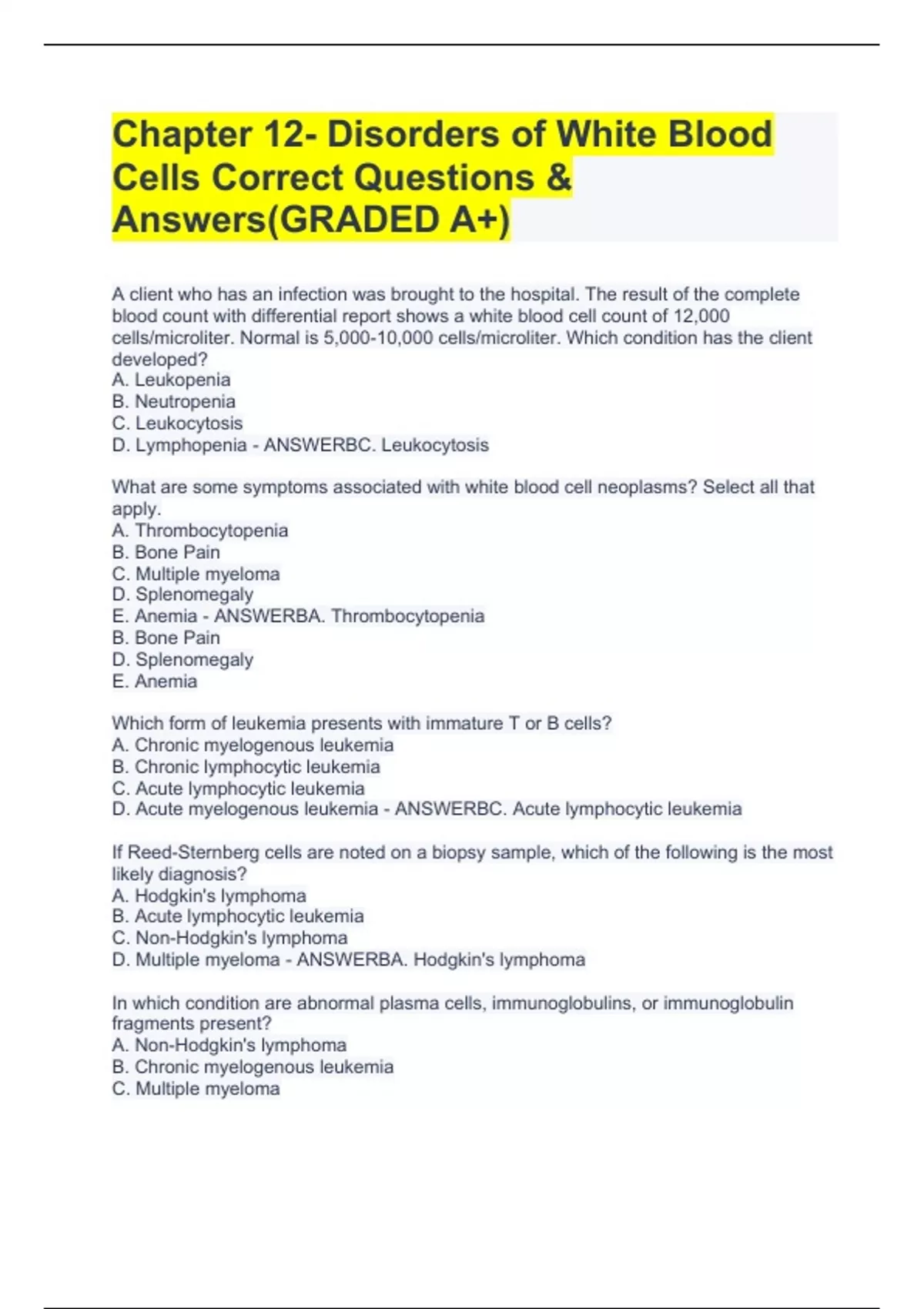 Chapter 12- Disorders of White Blood Cells Correct Questions & Answers ...
