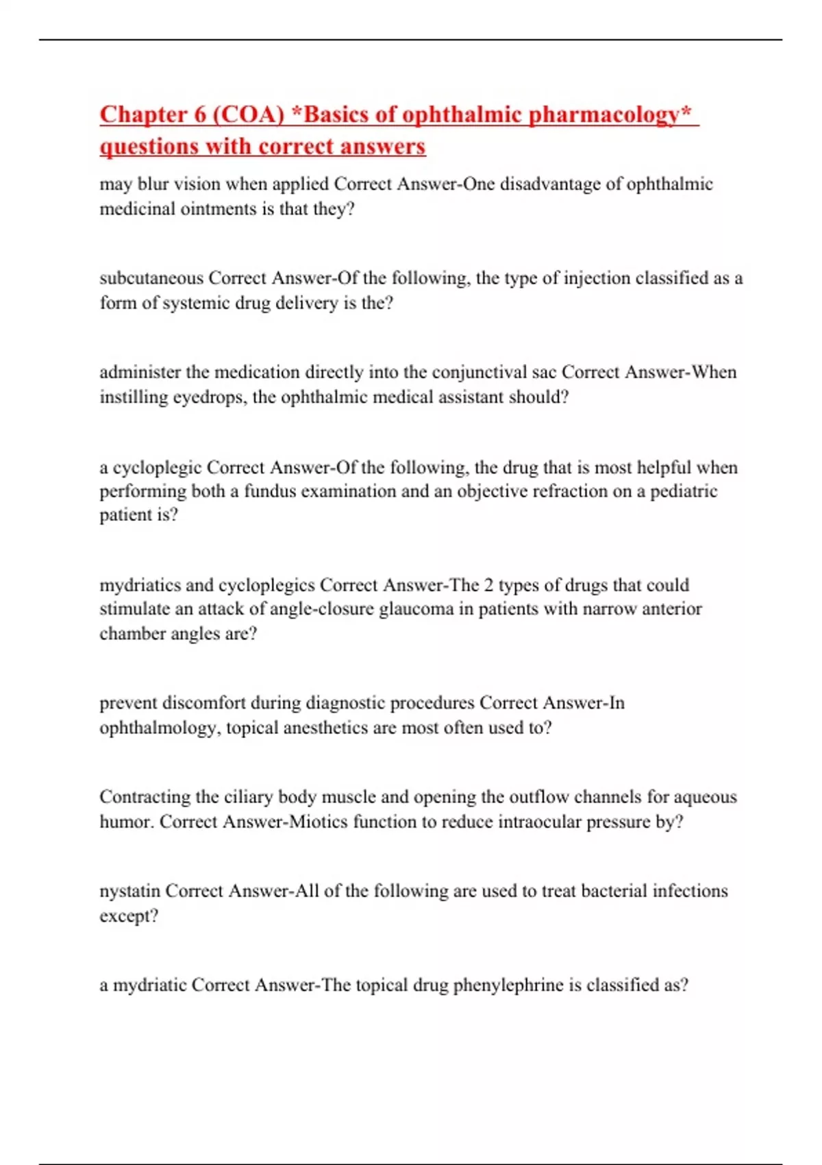 Chapter 6 (COA) *Basics of ophthalmic pharmacology* questions with ...