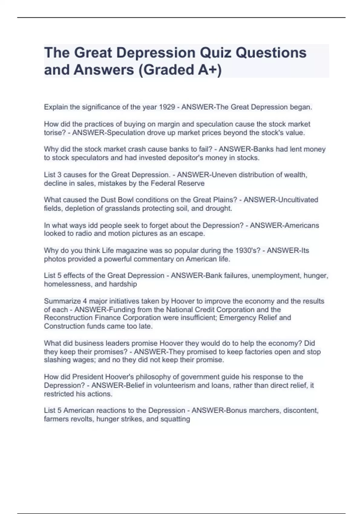 The Great Depression Quiz Questions and Answers (Graded A+) - The Great ...