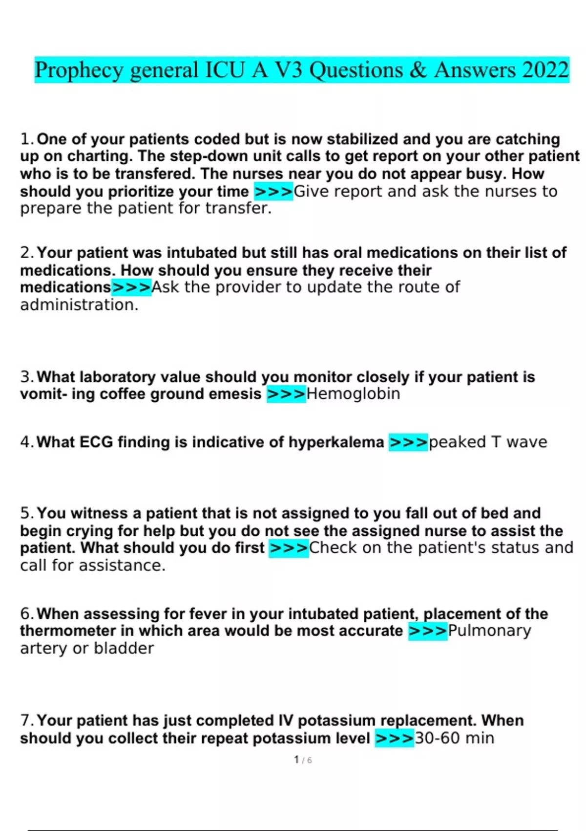 Prophecy general ICU A V3 Questions With Complete Solutions - Medical ...