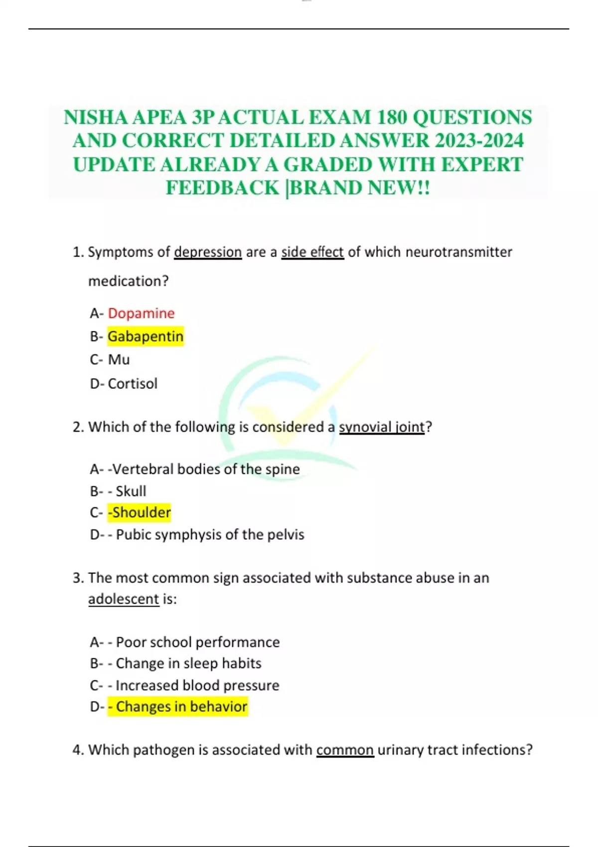 NISHA APEA 3P ACTUAL EXAM 180 QUESTIONS AND CORRECT DETAILED ANSWER ...