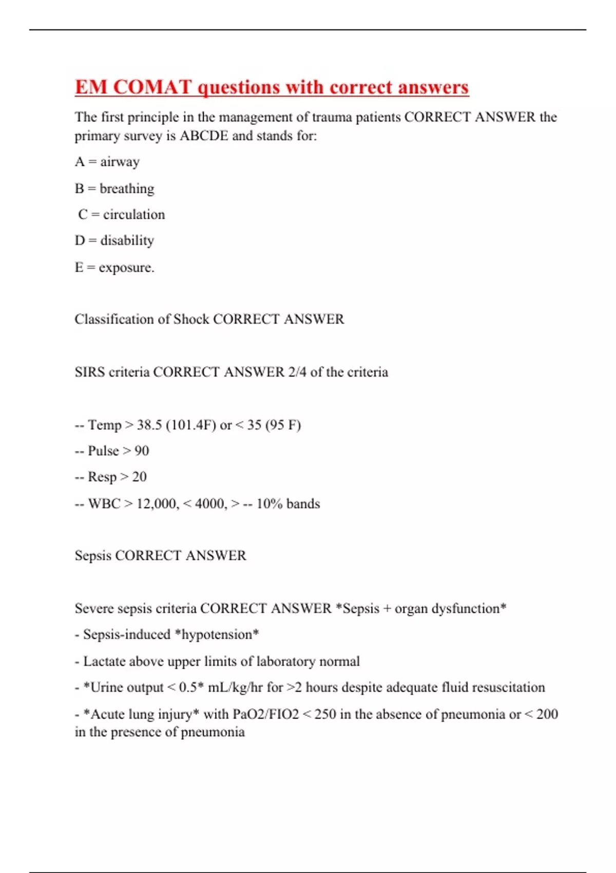 EM COMAT questions with correct answers - EM COMAT - Stuvia US
