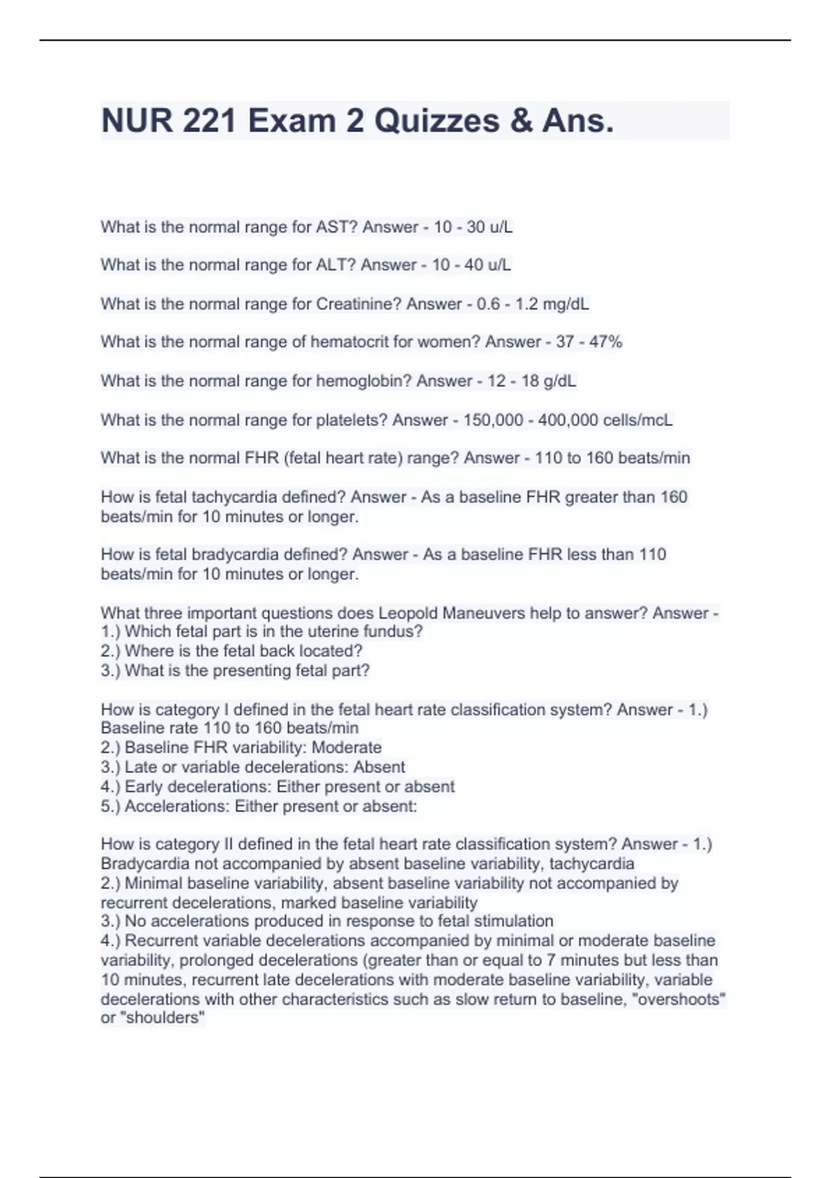 NUR 221 Exam 2 Quizzes & Ans. - Hondros NUR 221 - Stuvia US