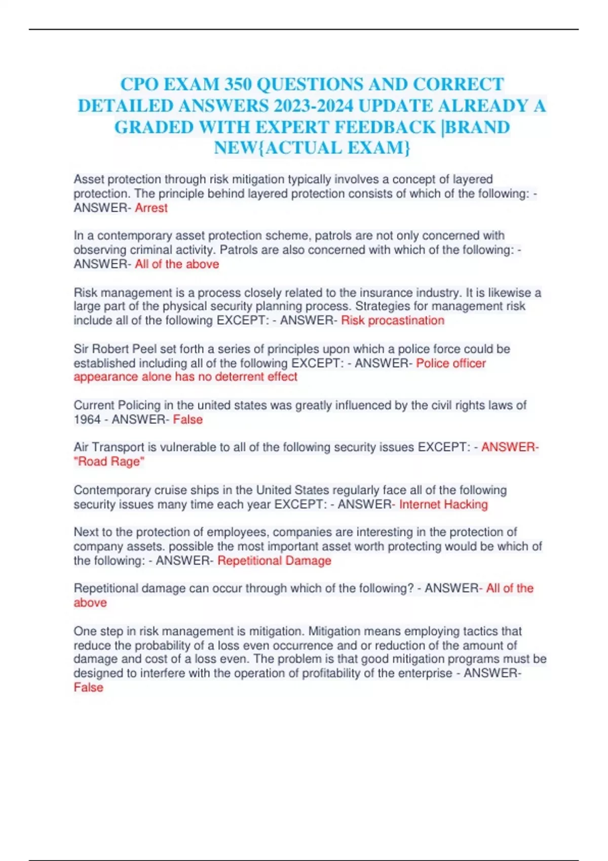 CPO EXAM 350 QUESTIONS AND CORRECT DETAILED ANSWERS UPDATE ALREADY A ...