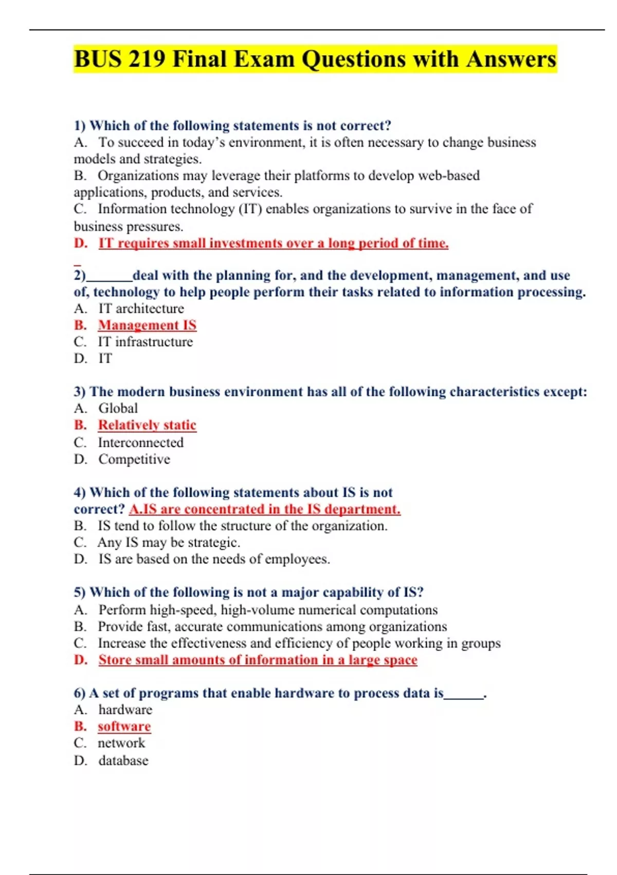 BUS 219 Final Exam Questions with Answers - BUS 219 Finswers - Stuvia US