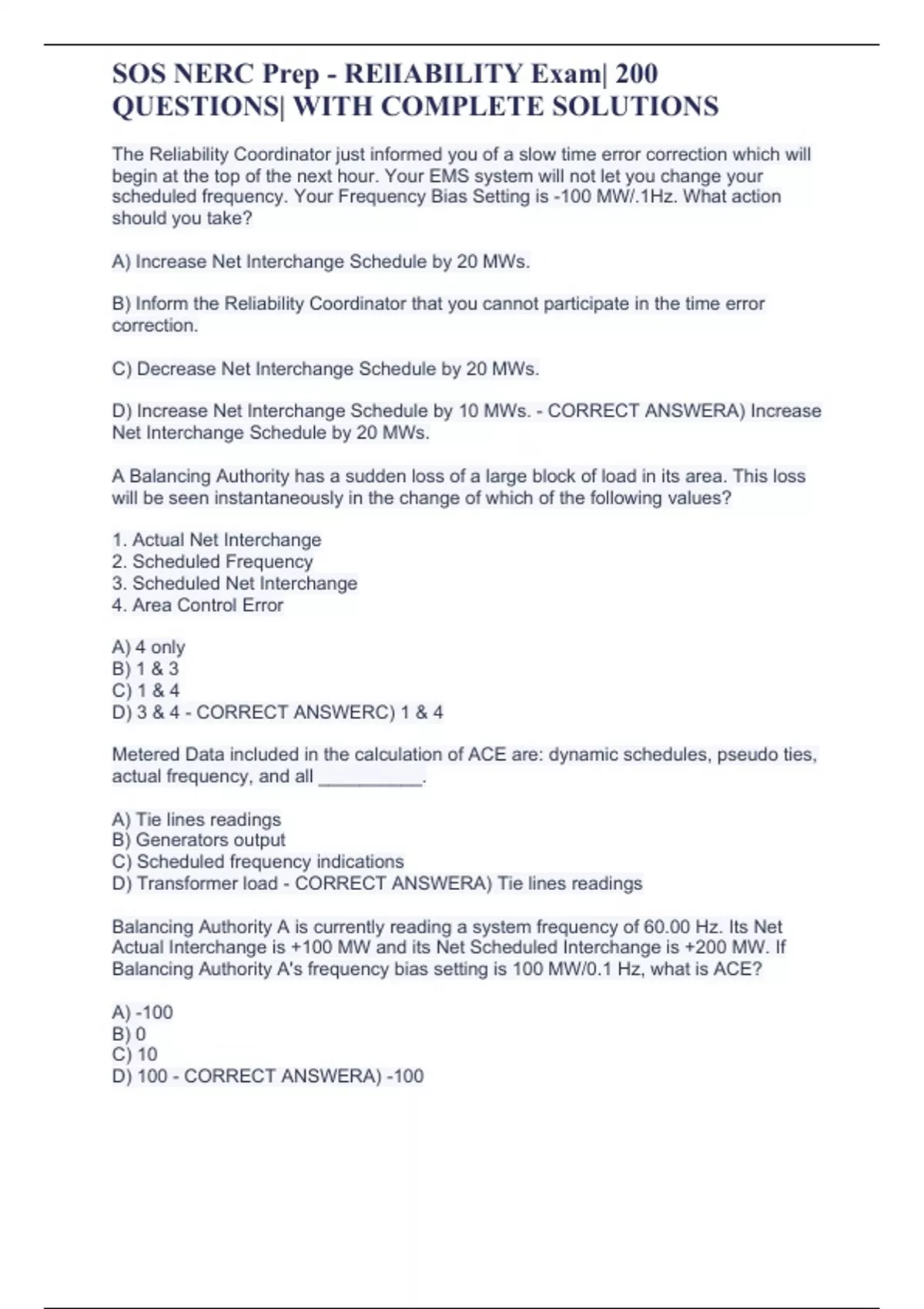 SOS NERC Prep - RElIABILITY Exam| 200 QUESTIONS| WITH COMPLETE ...