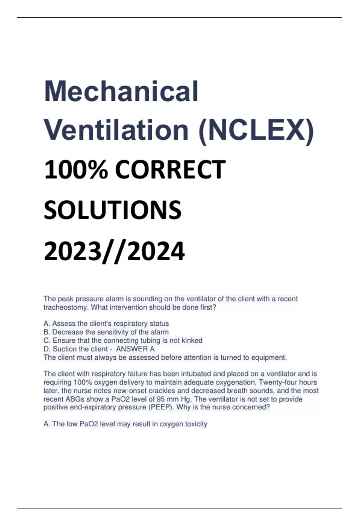Mechanical Ventilation (NCLEX) 100% CORRECT SOLUTIONS 2023//2024 ...