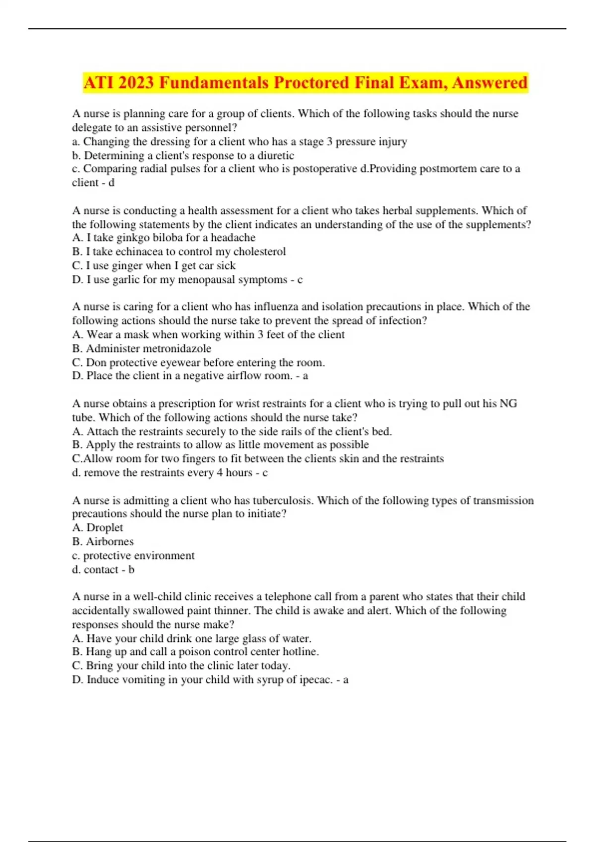 ATI 2023 Fundamentals Proctored Final Exam, Answered - ATI. - Stuvia US