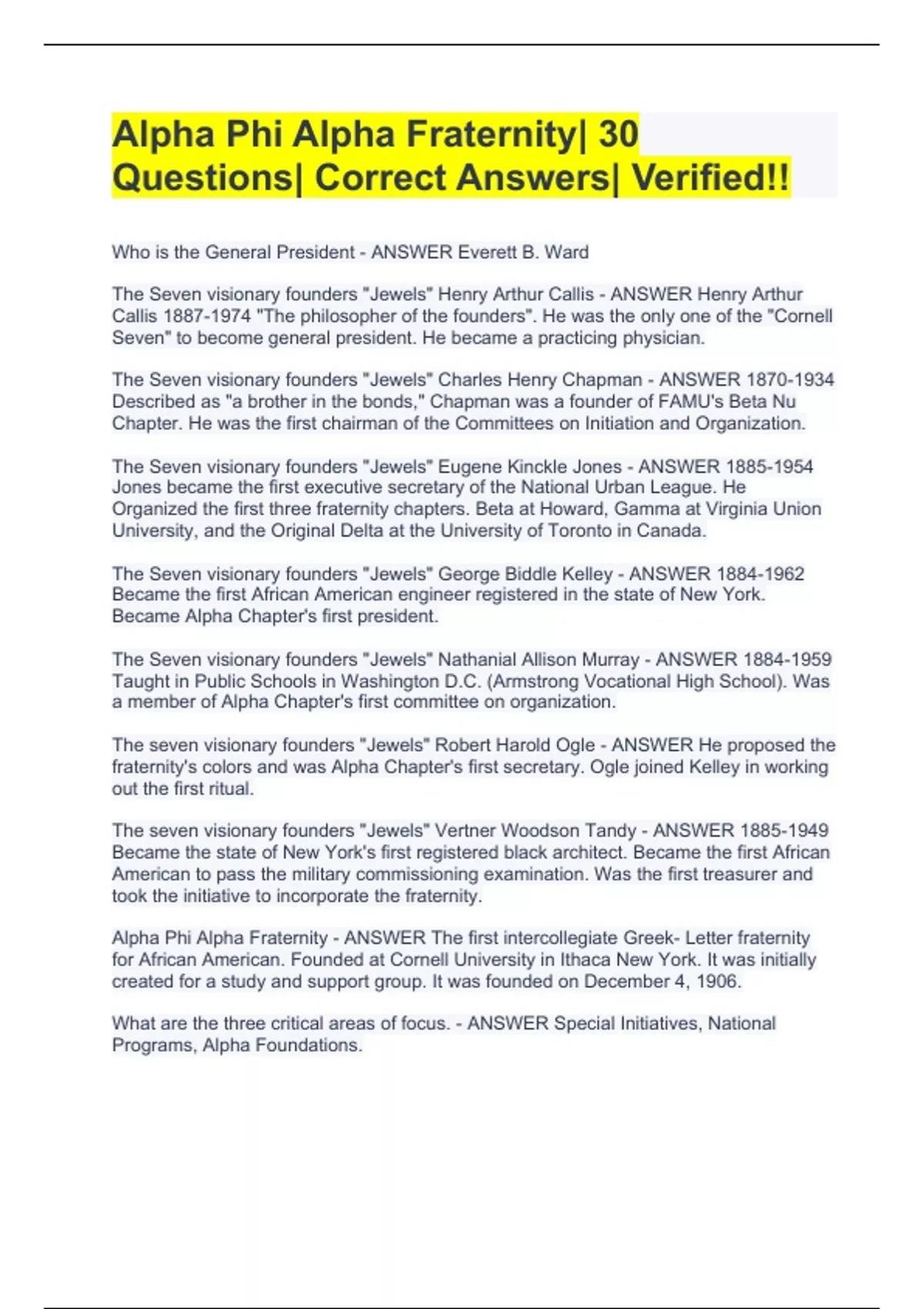 Alpha Phi Alpha Fraternity| 30 Questions| Correct Answers| Verified ...